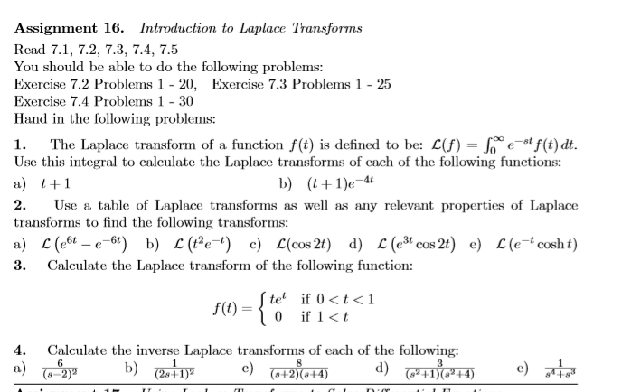 Solved Assignment 16. Introduction to Laplace Transforms | Chegg.com