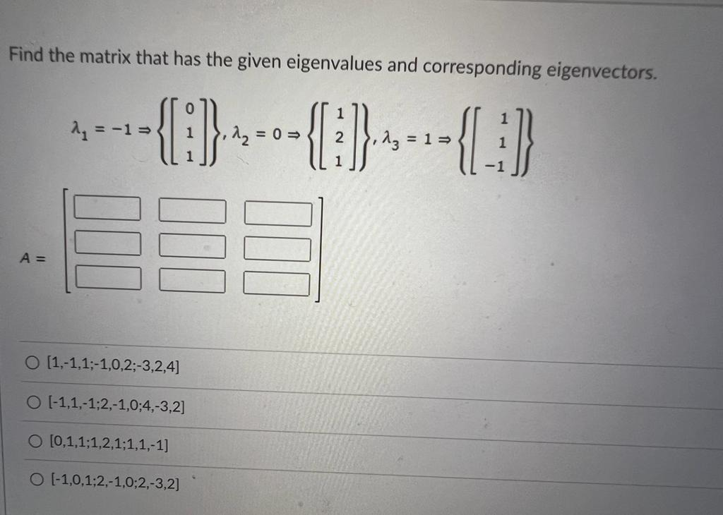 Solved Find the matrix that has the given eigenvalues and | Chegg.com