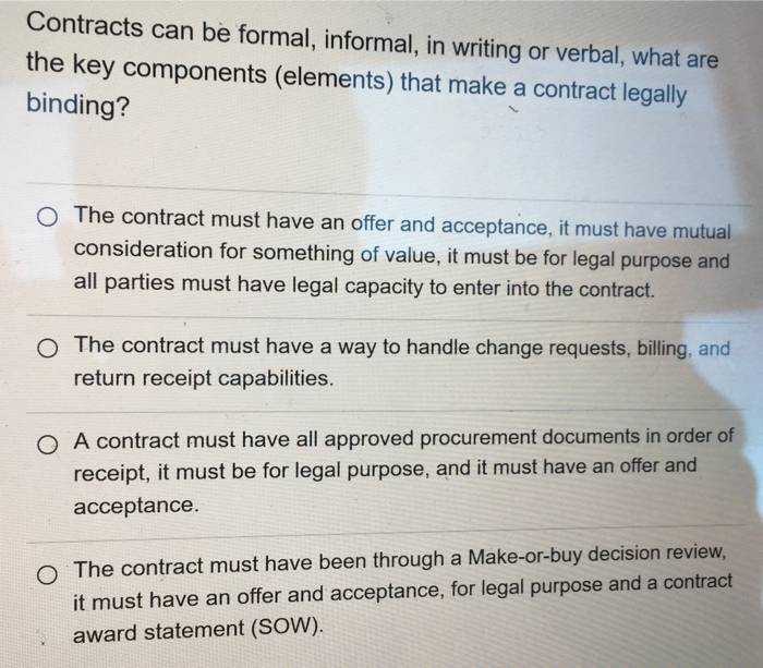 Solved Contracts can be formal, informal, in writing or | Chegg.com