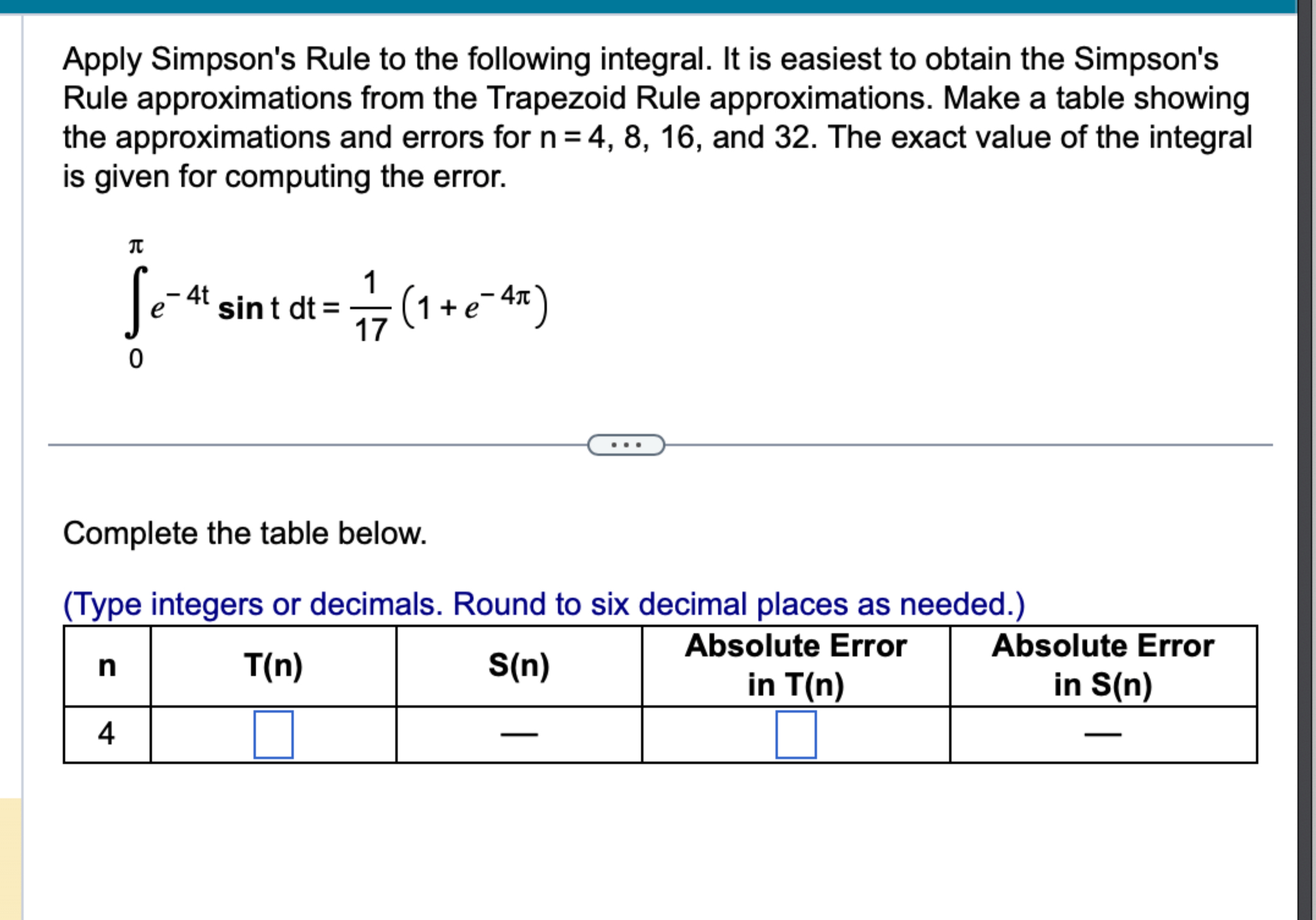 Solved Apply Simpson's Rule to the following integral. It is | Chegg.com
