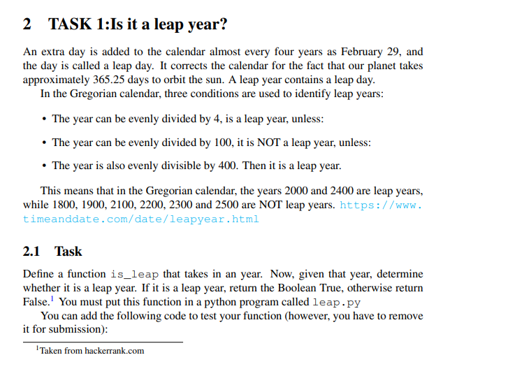 Solved 2 TASK 1:Is it a leap year? An extra day is added to | Chegg.com