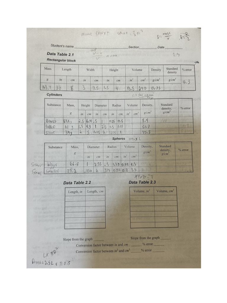 volume Lxw L Sh shere =3uπr3D=v mass Student's name | Chegg.com