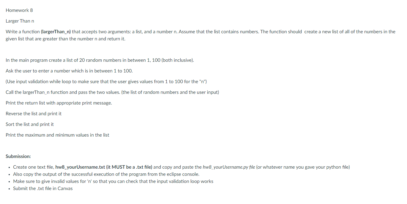 Solved Homework 8 Larger Than n Write a function | Chegg.com
