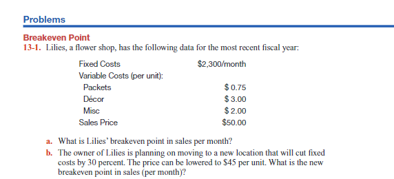 Solved Breakeven Point 13-1. Lilies, a flower shop, has the | Chegg.com