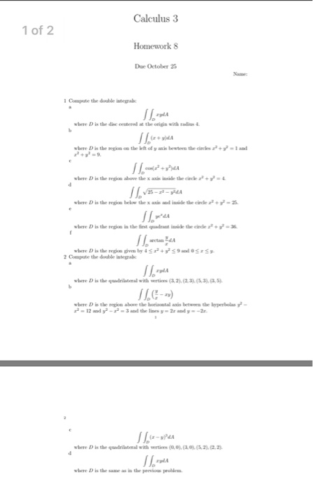 Solved Calculus 3 1 of 2 Homework 8 Due October 25 Nam 1 | Chegg.com