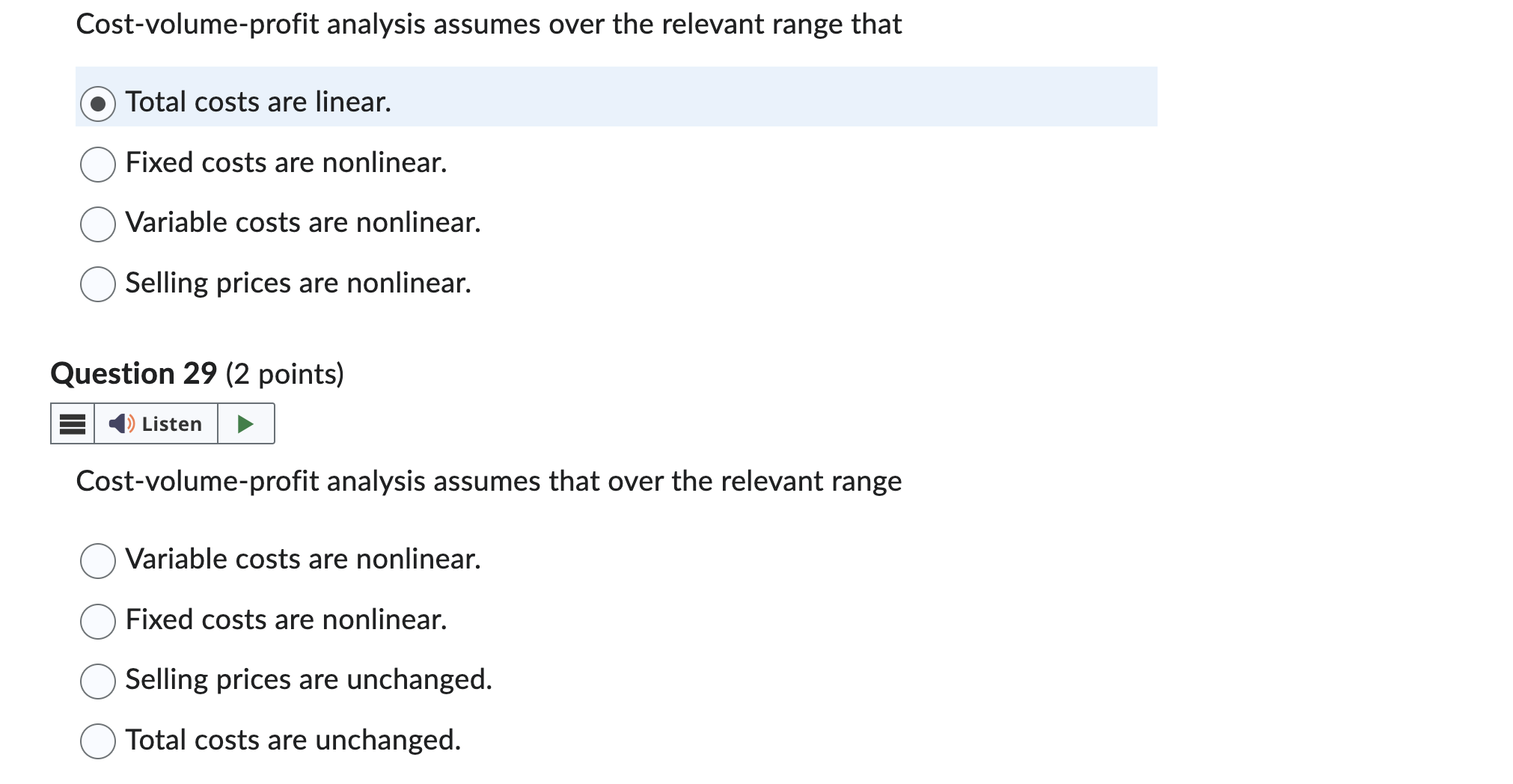 Solved Cost-volume-profit analysis assumes over the relevant | Chegg.com