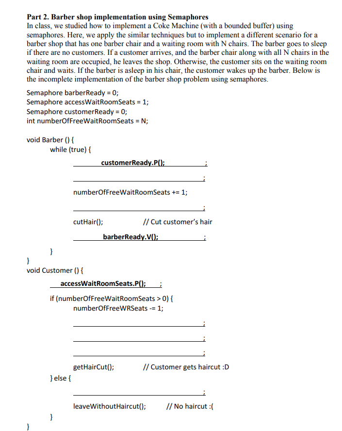 Part 2. Barber shop implementation using Semaphores | Chegg.com