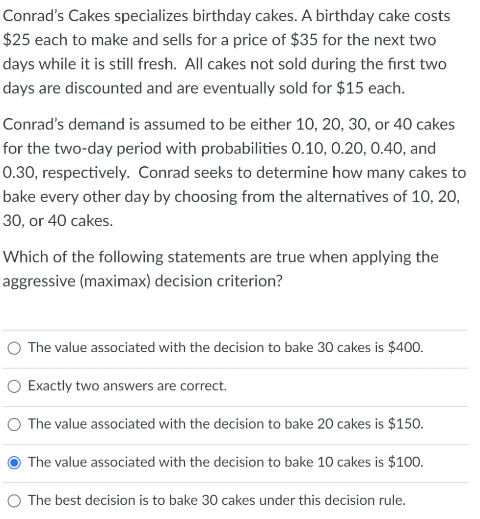 Solved Conrad's Cakes specializes birthday cakes. A birthday | Chegg.com