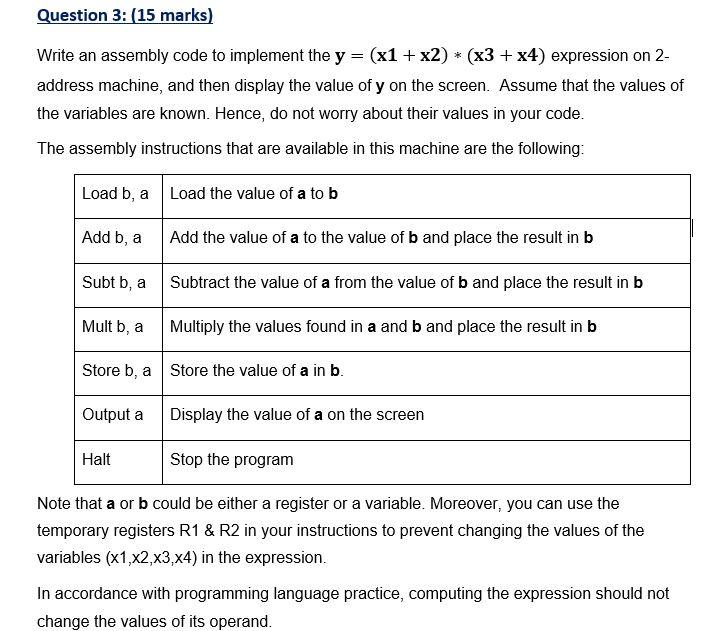 Solved Question 3: (15 marks) Write an assembly code to | Chegg.com