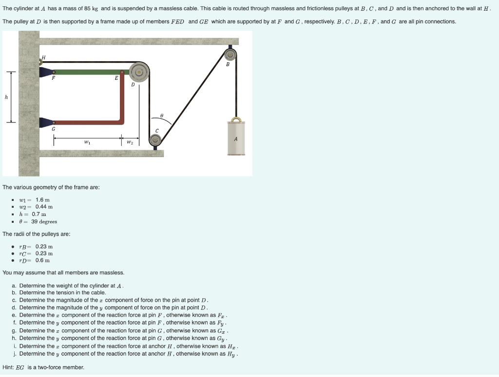Solved The cylinder at A has a mass of 85 kg and is | Chegg.com