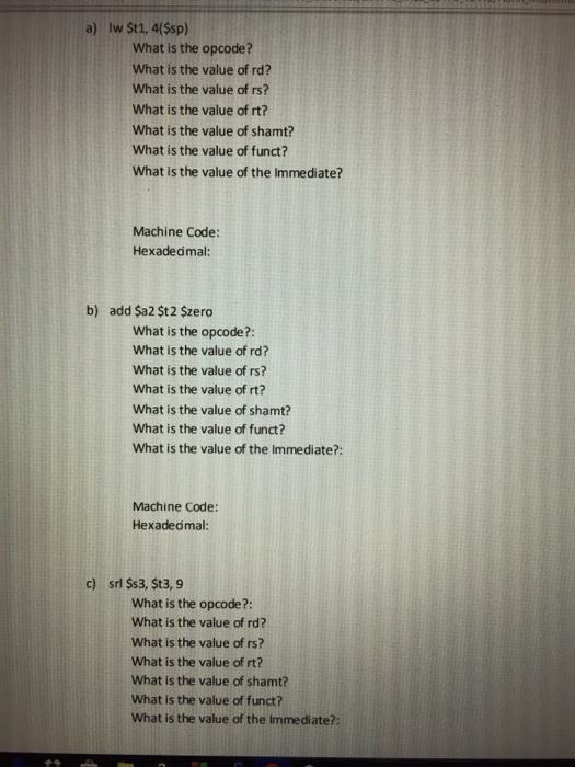 Solved a) lw St1, 4($sp) What is the opcode? What is the | Chegg.com