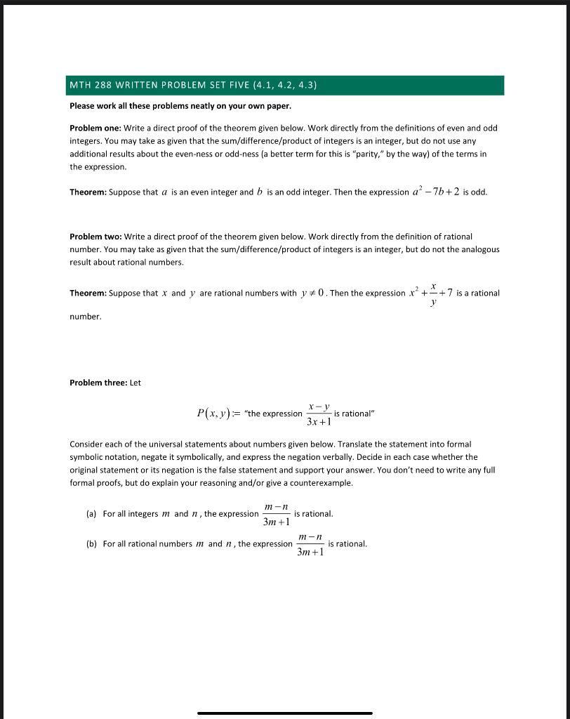 Solved MTH 288 WRITTEN PROBLEM SET FIVE (4.1, 4.2, 4.3) | Chegg.com