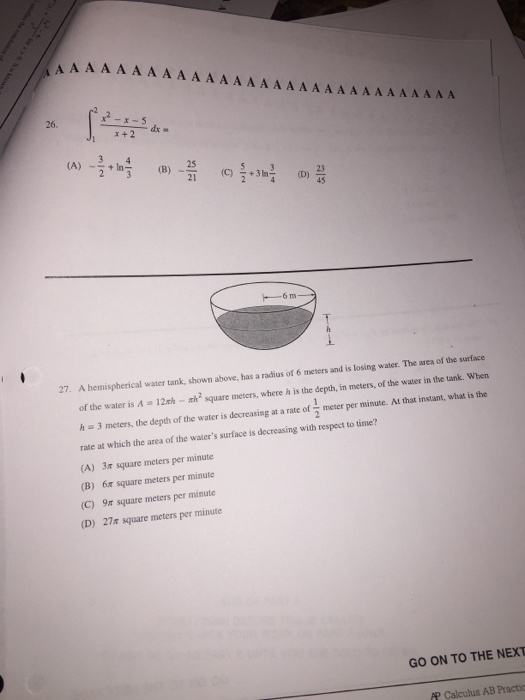 Solved 26. x+2 2n5 (B) 25 21 23 45 6 m 27. A hemispherical | Chegg.com