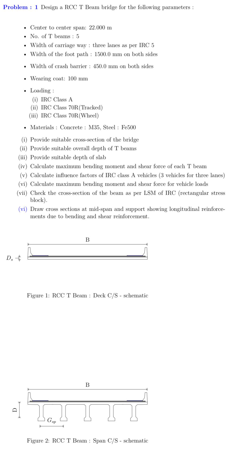 Problem : 1 Design a RCC T Beam bridge for the | Chegg.com