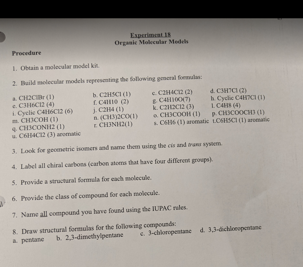 Solved Experiment 18 Organic Molecular Models Procedure 1. | Chegg.com