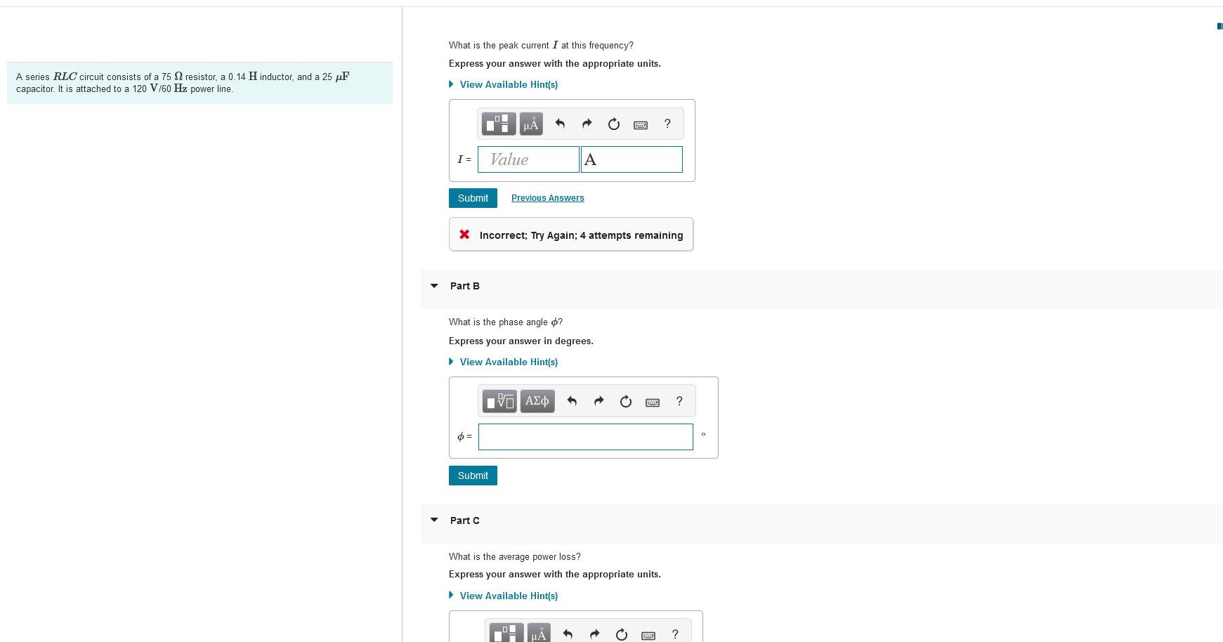 Solved What is the peak current I at this frequency? Express | Chegg.com