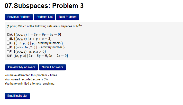 Solved 07.Subspaces: Problem 3 Previous Problem Problem List | Chegg.com