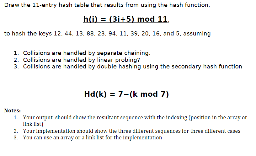 Solved Draw the 11-entry hash table that results from using | Chegg.com