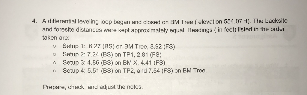 Solved 4. A differential leveling loop began and closed on | Chegg.com