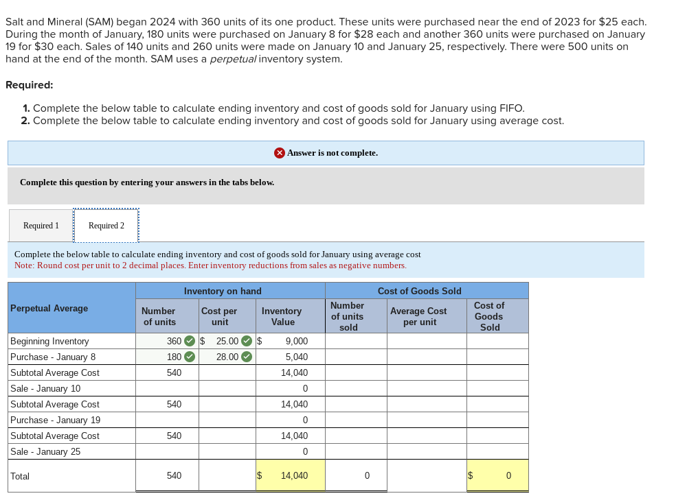 Solved Salt and Mineral (SAM) began 2024 with 360 units of | Chegg.com