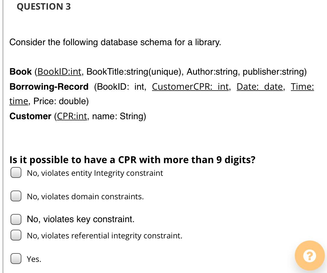 Solved QUESTION 3 Consider the following database schema | Chegg.com