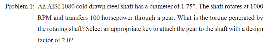 Solved Problem 1: An AISI 1080 cold drawn steel shaft has a | Chegg.com