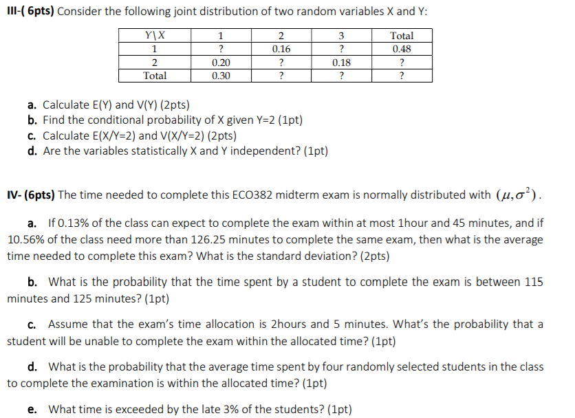 Solved III-( 6pts) Consider the following joint distribution | Chegg.com