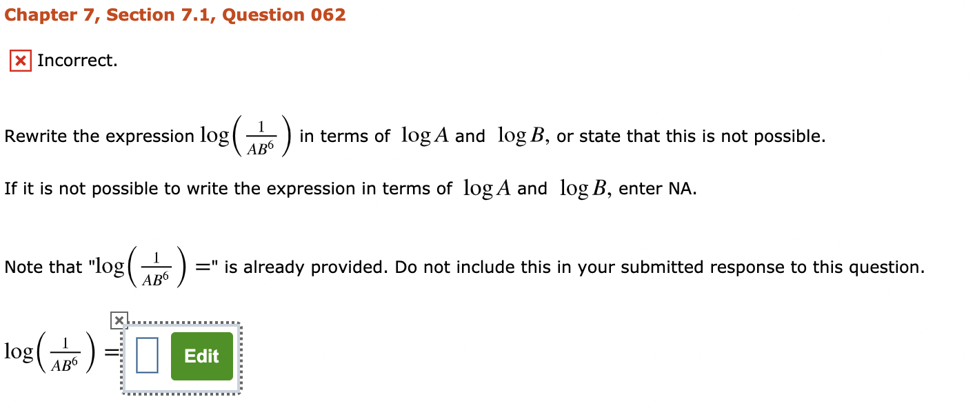 Solved Chapter 7, Section 7.1, Question 062 XIncorrect. | Chegg.com
