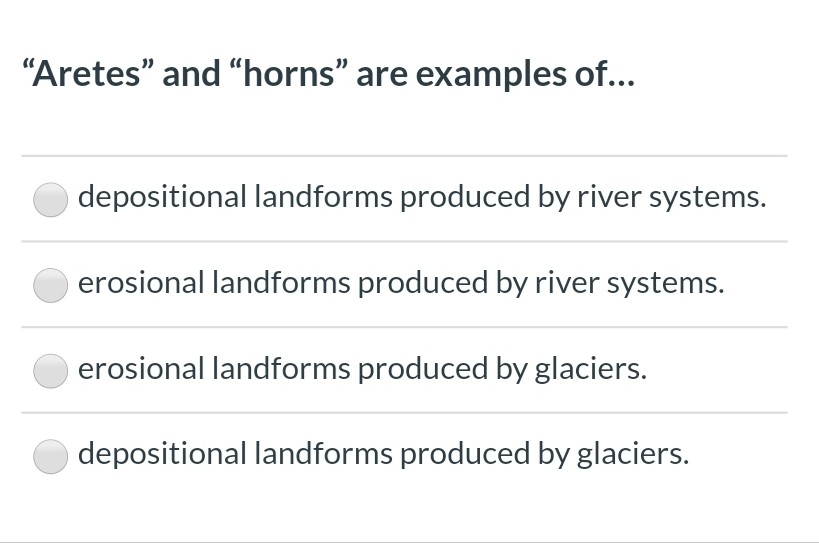 Solved “Aretes” and “horns" are examples of... depositional | Chegg.com