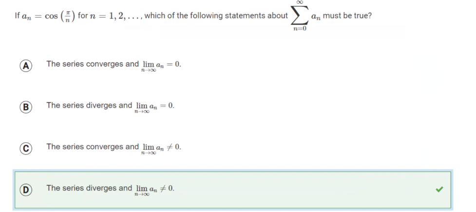 Solved If an=cos(πn) ﻿for n=1,2,dots, which of the following | Chegg.com