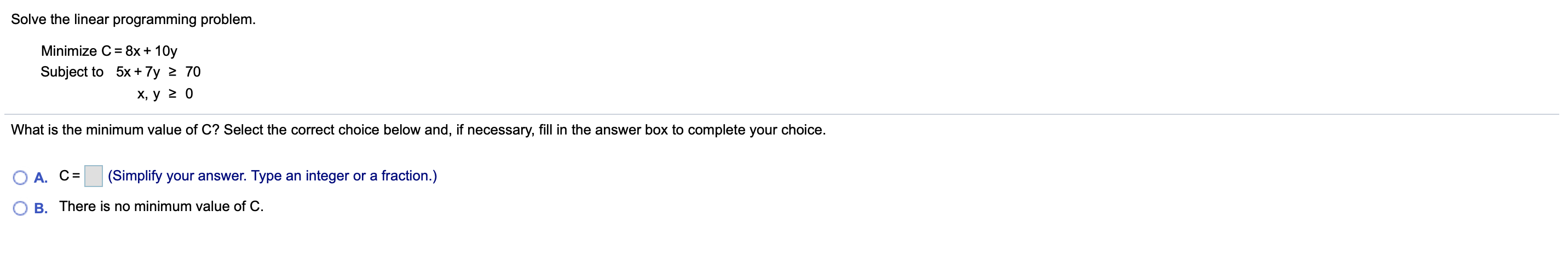 Solved Solve the linear programming problem. Minimize C = 8x | Chegg.com