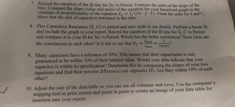 7. Record the equation of the fit line for Xc vs | Chegg.com