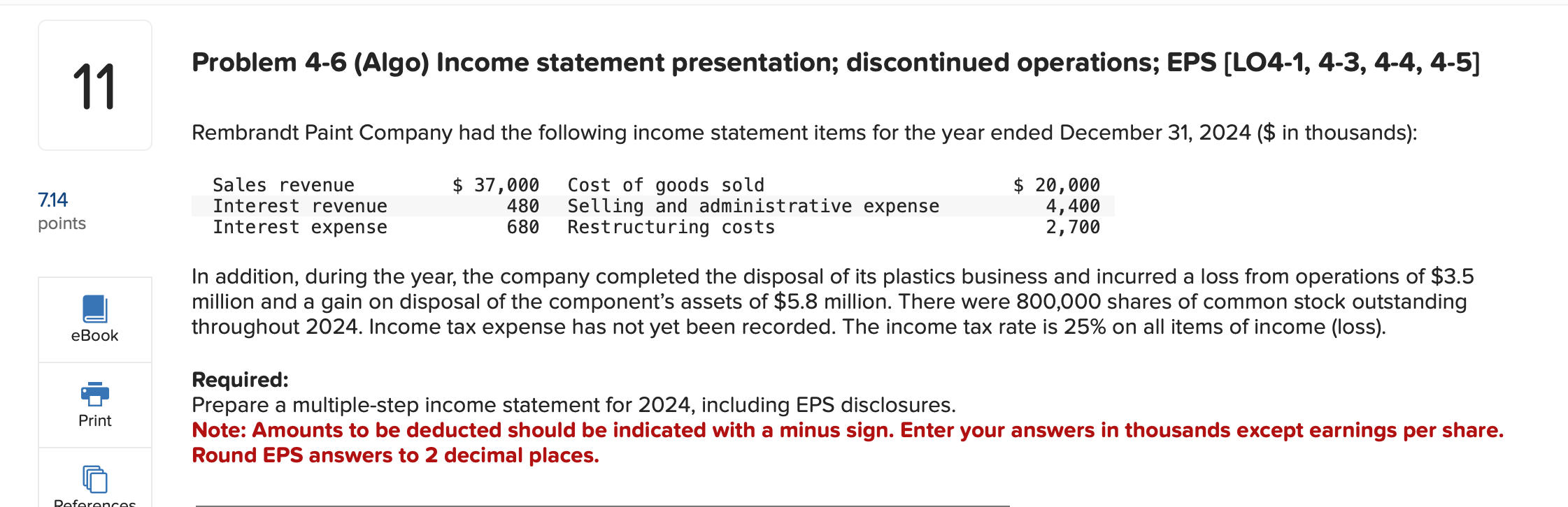 Solved Problem 4-6 (Algo) Income statement presentation; | Chegg.com