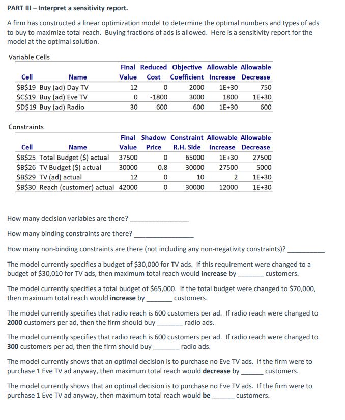 Solved PART III - Interpret a sensitivity report. A firm has | Chegg.com