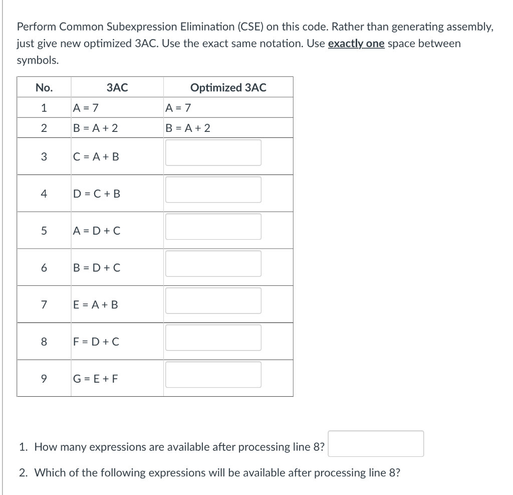 Solved Perform Common Subexpression Elimination (CSE) on | Chegg.com