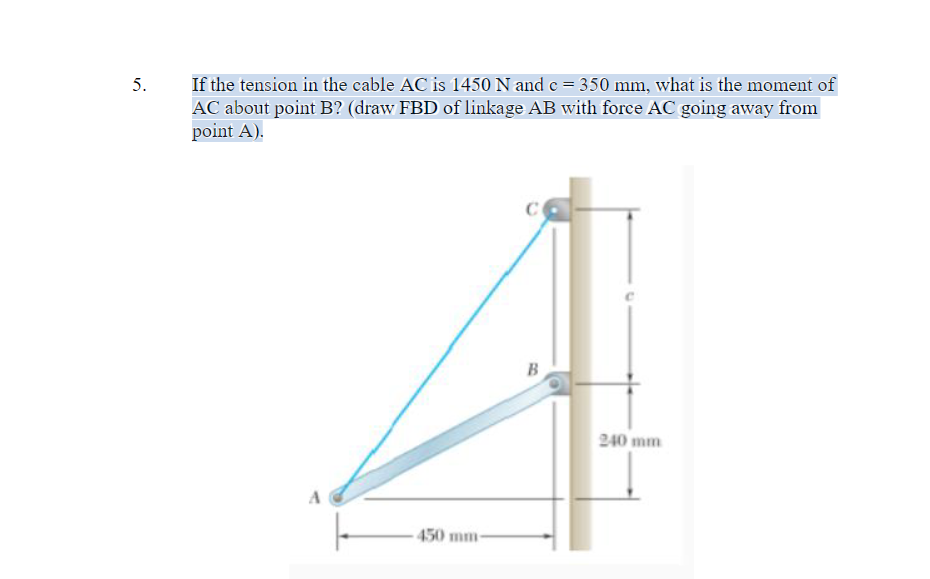 Solved If the tension in the cable AC is 1450 N and c=350 | Chegg.com