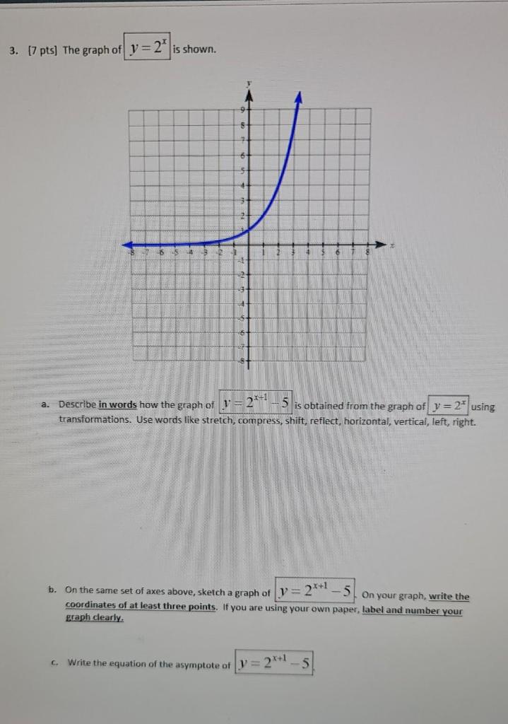 Solved 3. (7 pts) The graph of y=2* is shown. 8 a. Describe | Chegg.com