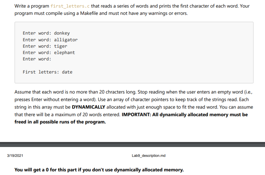 Solved Write a program first_letters.c that reads a series | Chegg.com