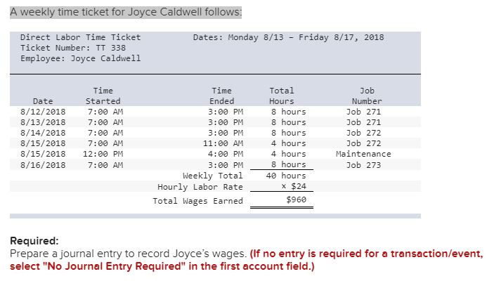 Solved A weekly time ticket for Joyce Caldwell follows: | Chegg.com