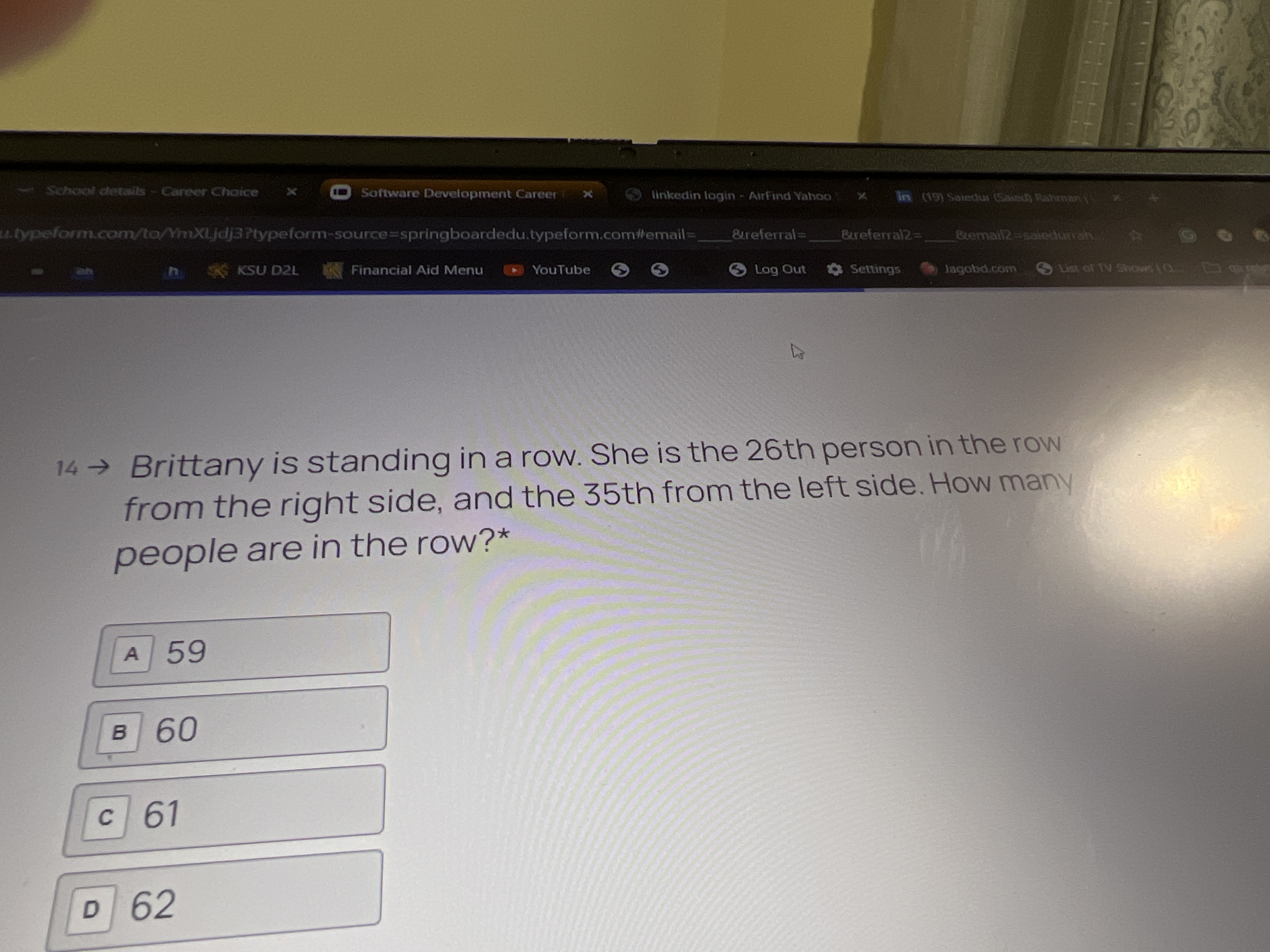 Solved \( 14 \rightarrow \) ﻿Brittany is standing in a row. | Chegg.com