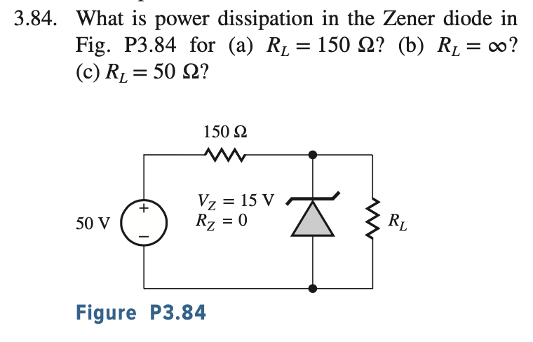 Solved 3.84. What is power dissipation in the Zener diode in | Chegg.com