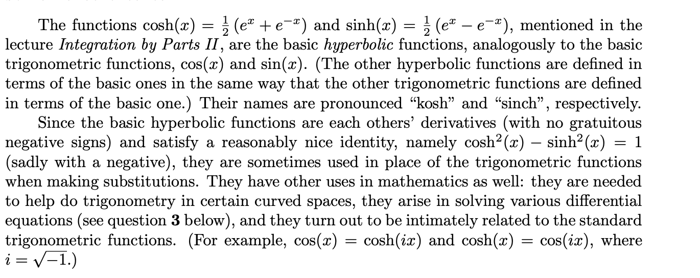 Solved The functions cosh(x) = ] (e* +e-2) and sinh(x) = ž | Chegg.com