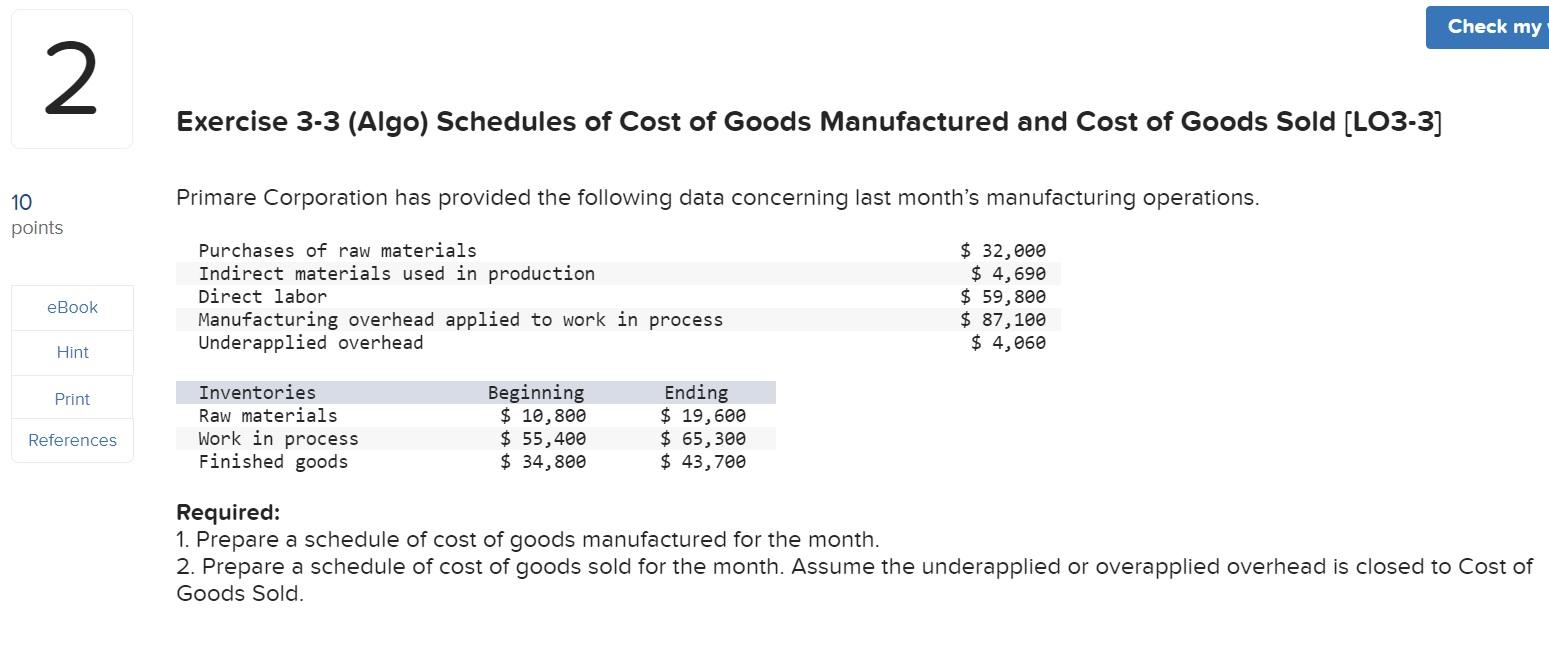 Solved Exercise 3-3 (Algo) Schedules of Cost of Goods | Chegg.com