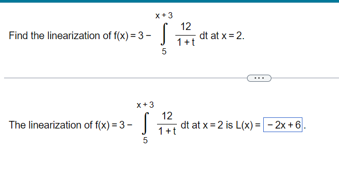 Solved Find the linearization of f(x)=3−∫5x+31+t12 dt at | Chegg.com