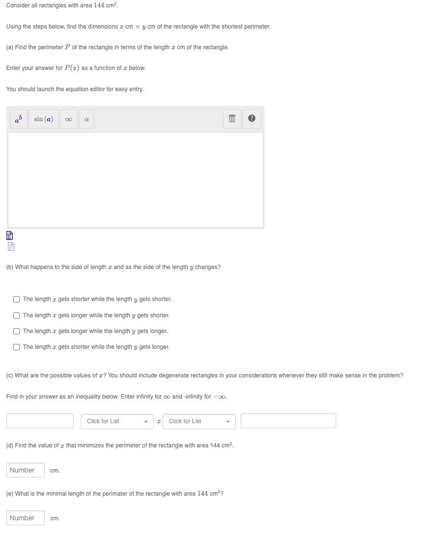 Solved Consider all rectangles with area 144 cm2. Using the | Chegg.com