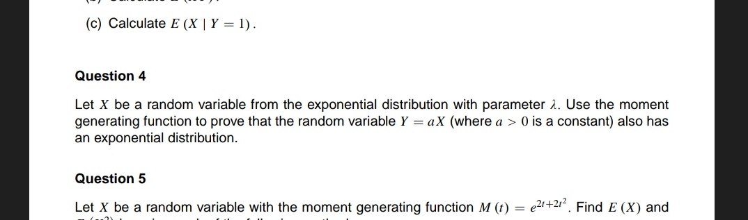 (c) Calculate E(X∣Y=1). Question 4 Let X be a random | Chegg.com