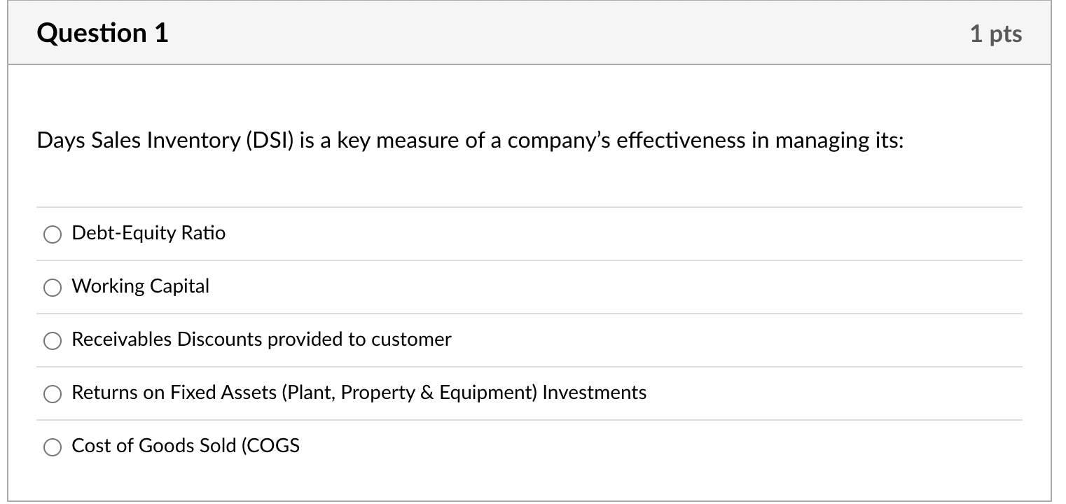 Solved Days Sales Inventory (DSI) is a key measure of a | Chegg.com
