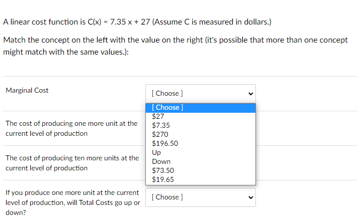 Solved A linear cost function is C(x)=7.35x+27 (Assume C is | Chegg.com