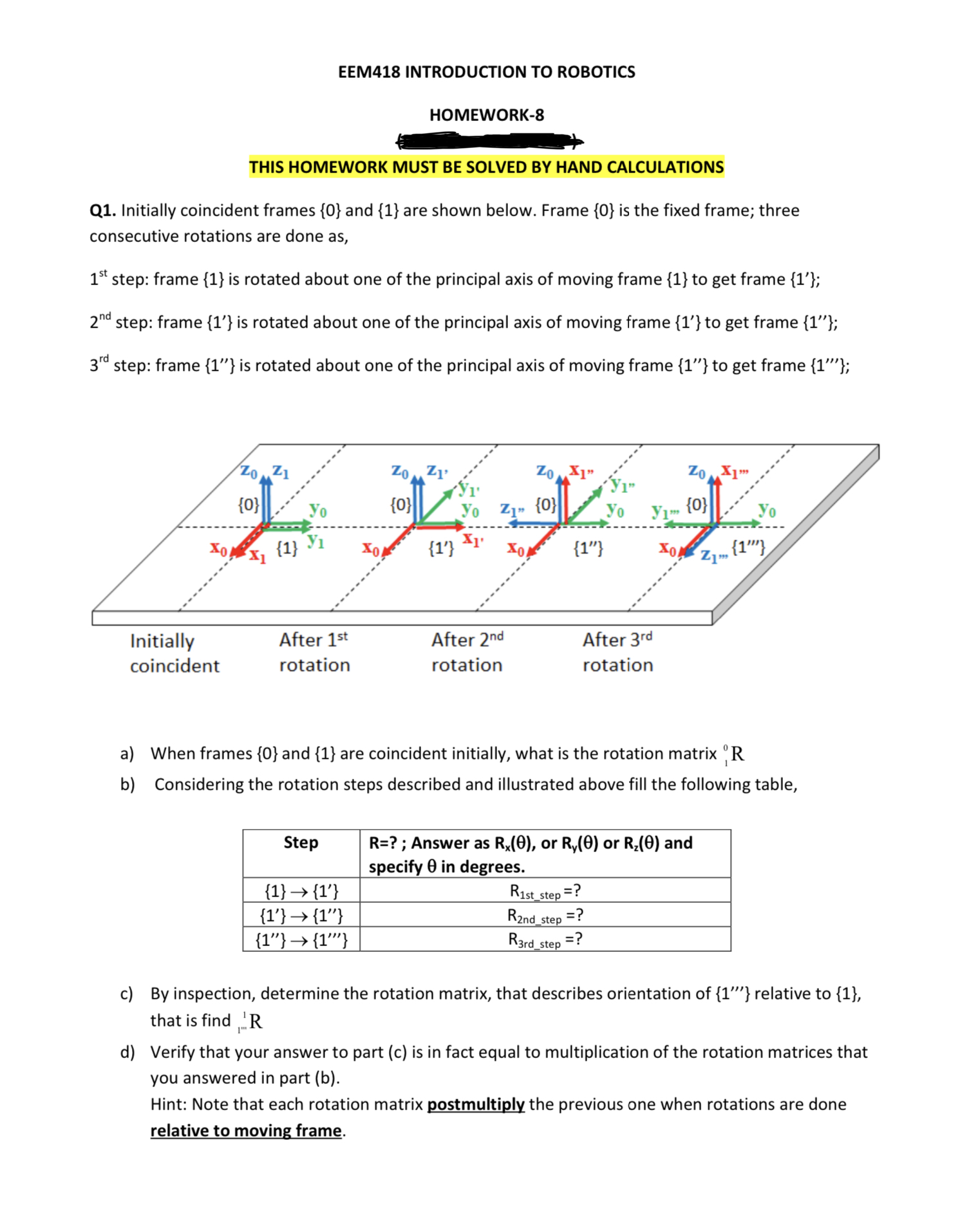 Q1. Initially coincident frames {0} and {1} are shown | Chegg.com