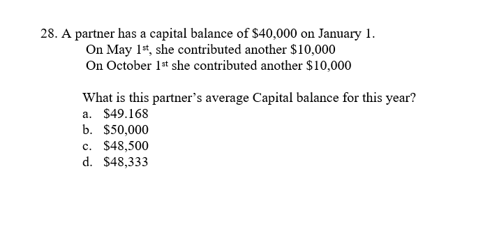 Solved 28. A partner has a capital balance of $40,000 on | Chegg.com
